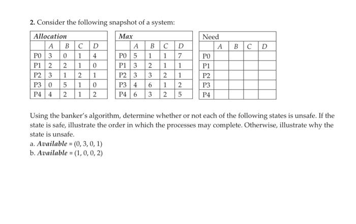 Solved Deadlock Exercises 1- Consider the following snapshot | Chegg.com