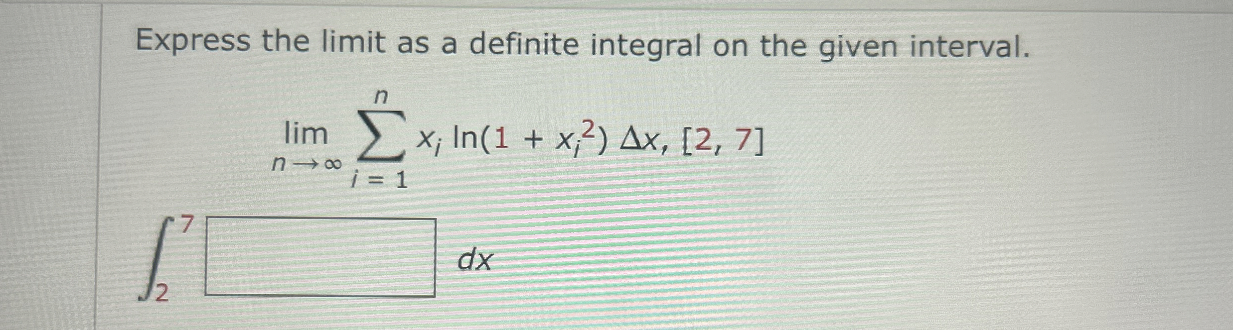 Solved Express the limit as a definite integral on the given | Chegg.com