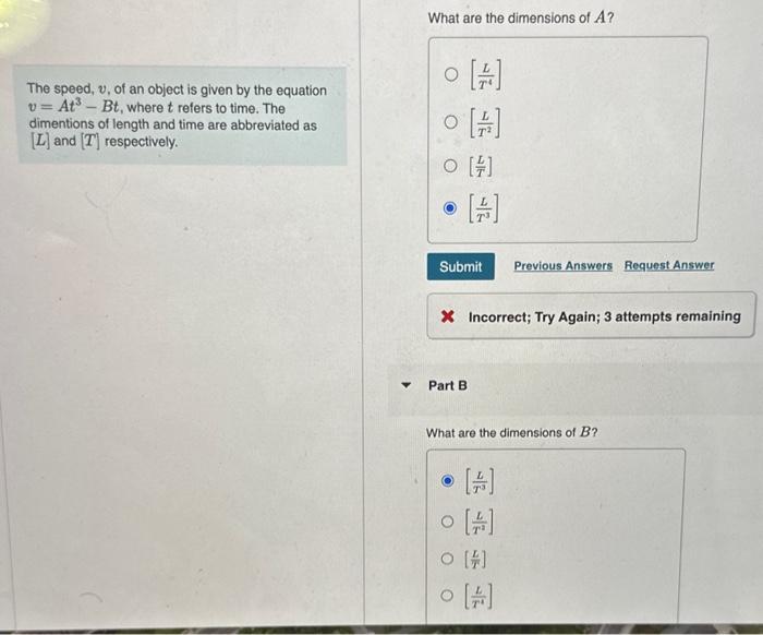 Solved What are the dimensions of A ? The speed, v, of an | Chegg.com