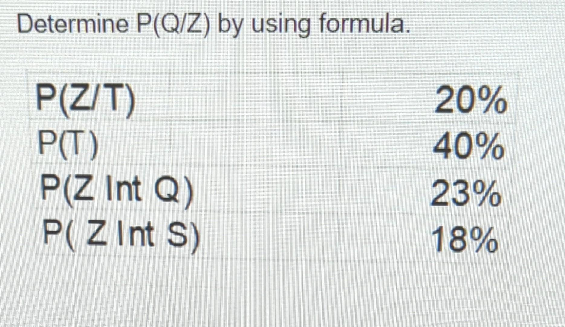 Solved Determine P(Q/Z) by using formula. P(Z/T)P(T)P(Z Int | Chegg.com