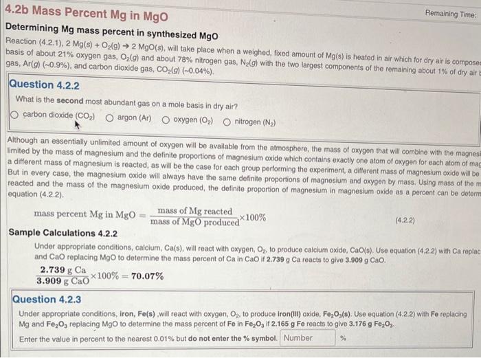 Solved 4.20 Mass Percent Mg in MgO Remaining Time: | Chegg.com