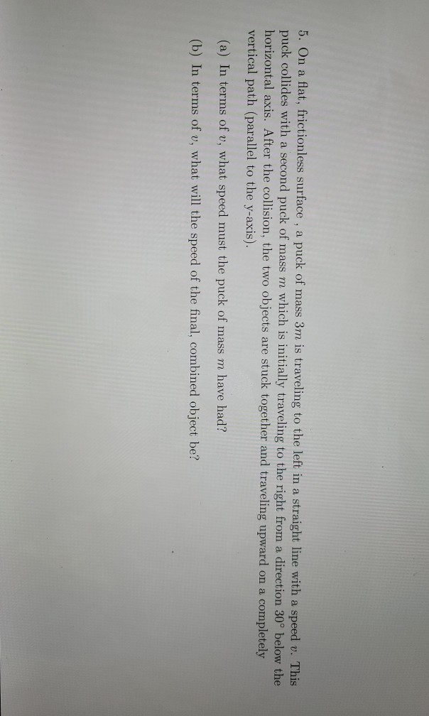 Solved 5. On a flat, frictionless surface, a puck of mass 3m | Chegg.com