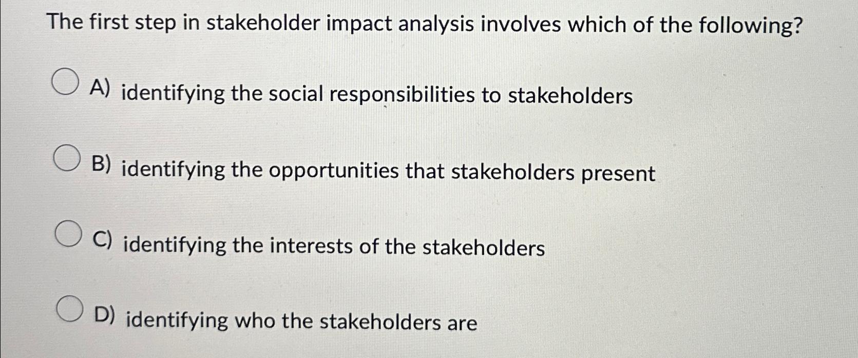 Solved The first step in stakeholder impact analysis | Chegg.com