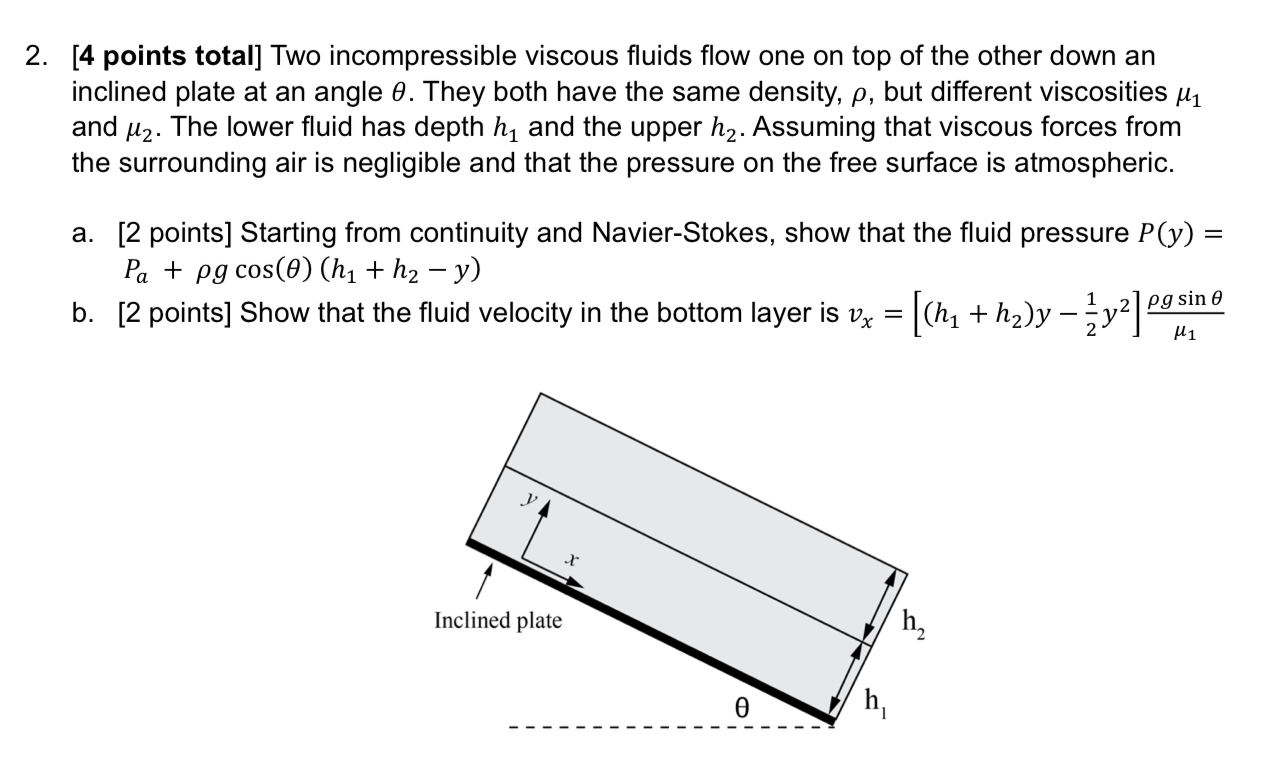 Solved [4 ﻿points total] ﻿Two incompressible viscous fluids | Chegg.com