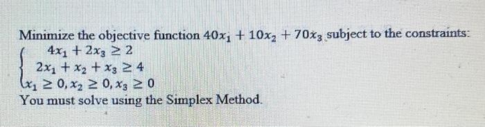 Solved Minimize the objective function 40x1+10x2+70x3 | Chegg.com