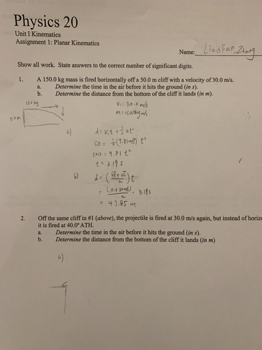 Solved Physics 20 Unit I Kinematics Assignment 1: Planar | Chegg.com