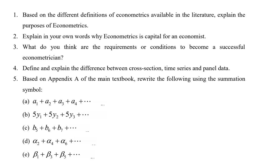 Solved 1. Based on the different definitions of econometrics | Chegg.com