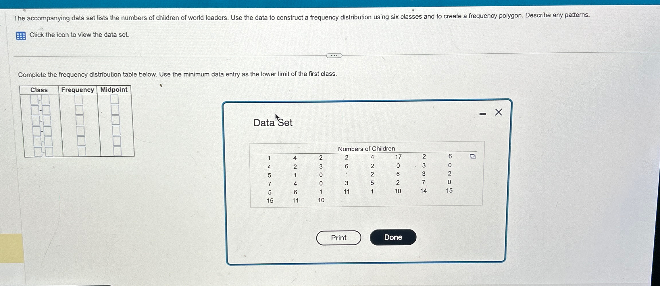 Click the icon to view the data set.Complete the | Chegg.com