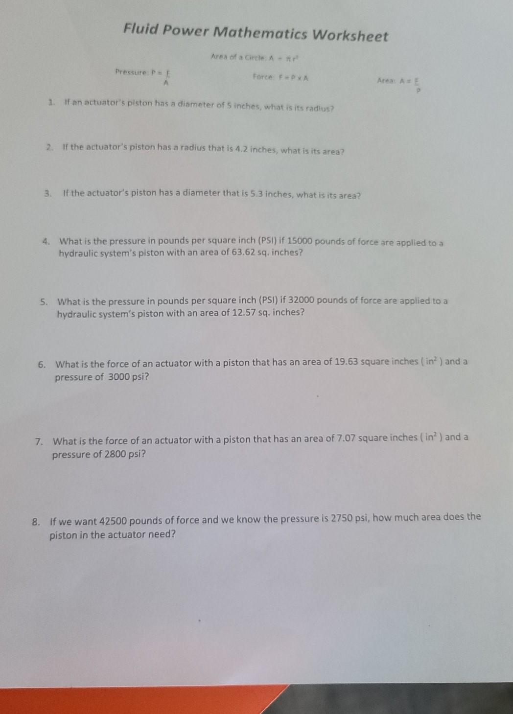 Solved Fluid Power Mathematics Worksheet Area of a Circle - | Chegg.com