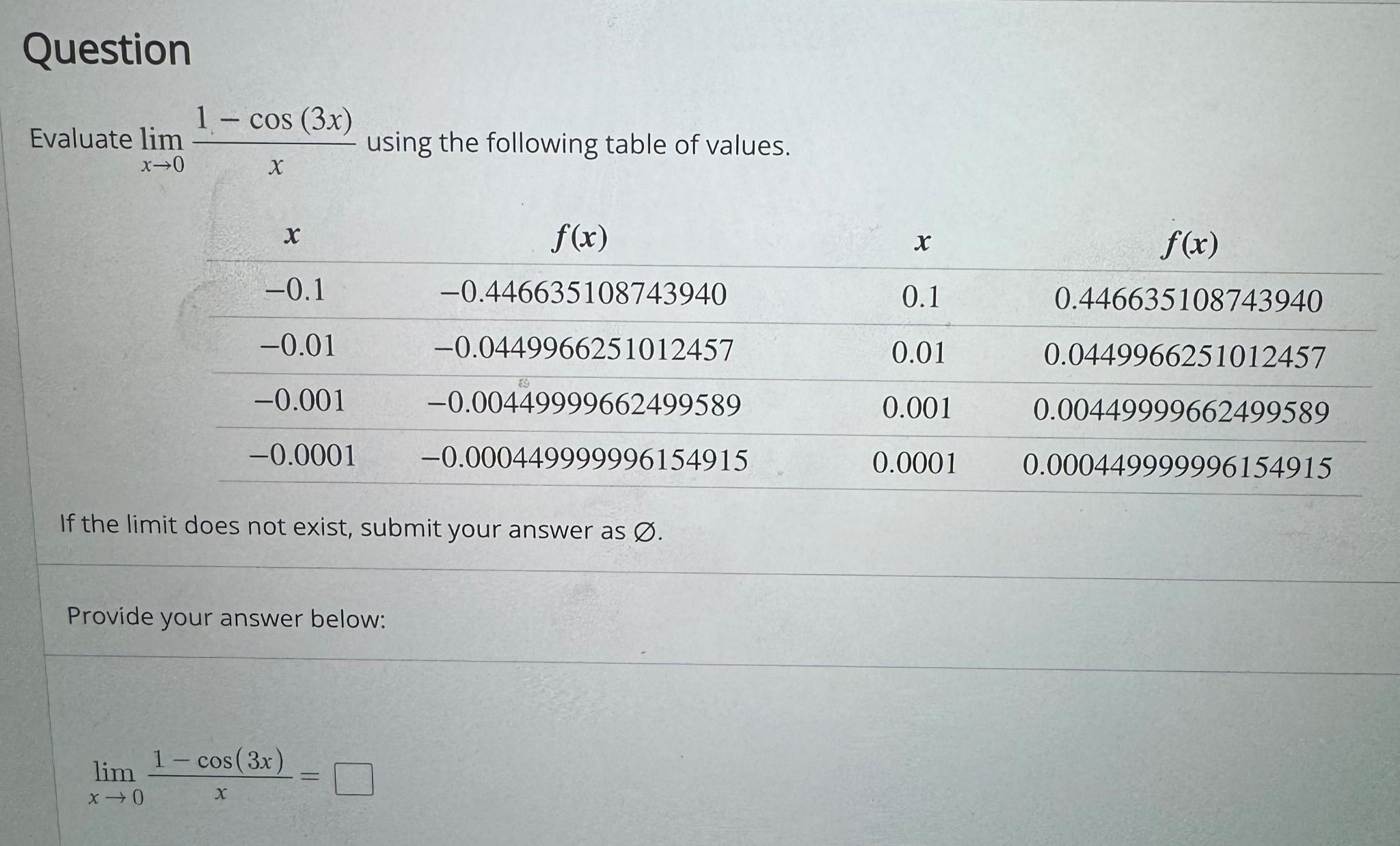 Solved QuestionEvaluate limx→01-cos(3x)x ﻿using the | Chegg.com