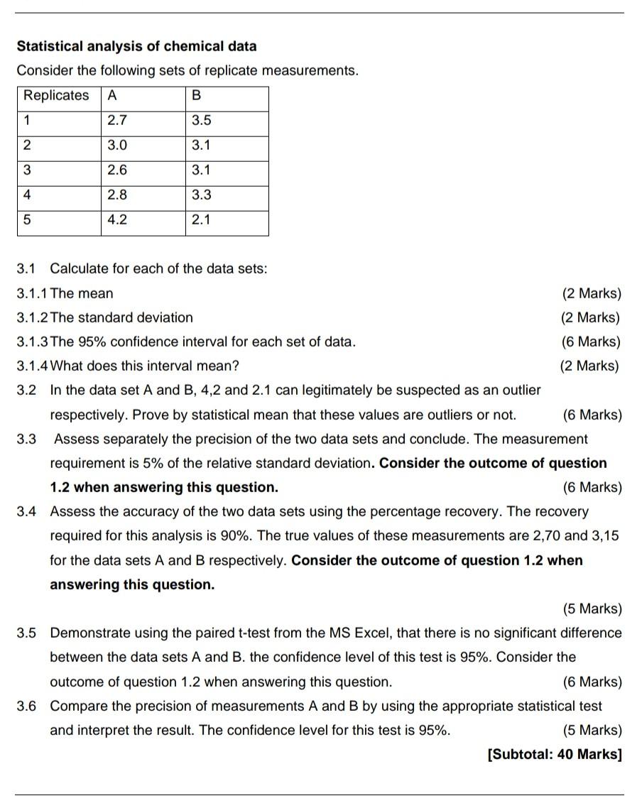 Solved Statistical analysis of chemical data Consider the | Chegg.com
