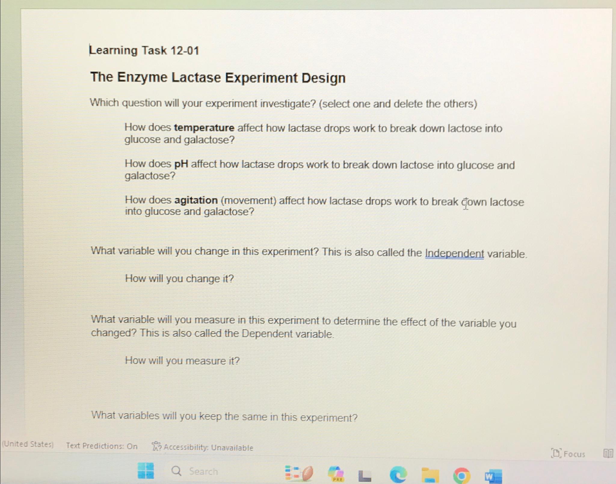 Solved Learning Task 12-01The Enzyme Lactase Experiment | Chegg.com