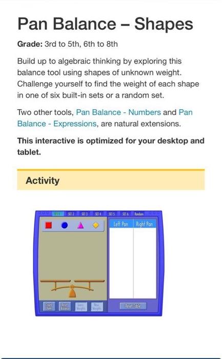 Solved Pan Balance - Shapes Grade: 3rd to 5th, 6th to 8th | Chegg.com
