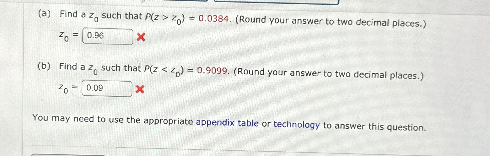 Solved (a) ﻿Find a z0 ﻿such that P(z>z0)=0.0384. (Round your | Chegg.com