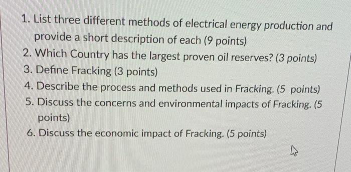 Solved 1. List three different methods of electrical energy | Chegg.com