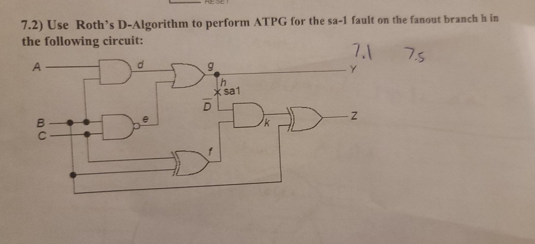 7.2) Use Roth's D-Algorithm to perform ATPG for the | Chegg.com