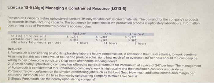 Solved Exercise 13-6 (Algo) Managing a Constrained Resource | Chegg.com