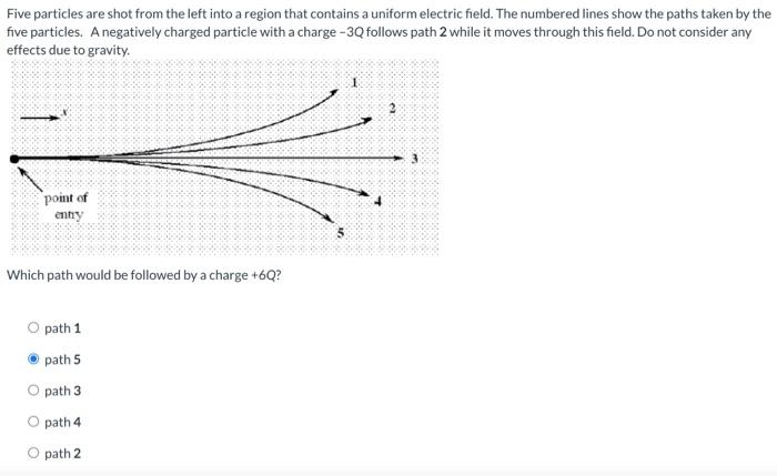 Solved Five particles are shot from the left into a region | Chegg.com