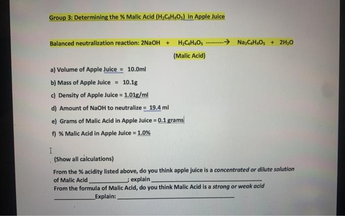Solved From the % acidity listed above do you think apple | Chegg.com