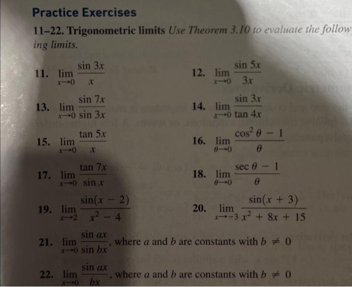 Solved 11 22 Trigonometric Limits Use Theorem 3 10 To
