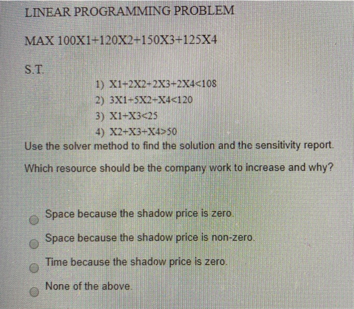 Solved LINEAR PROGRAMMING PROBLEM MAX | Chegg.com