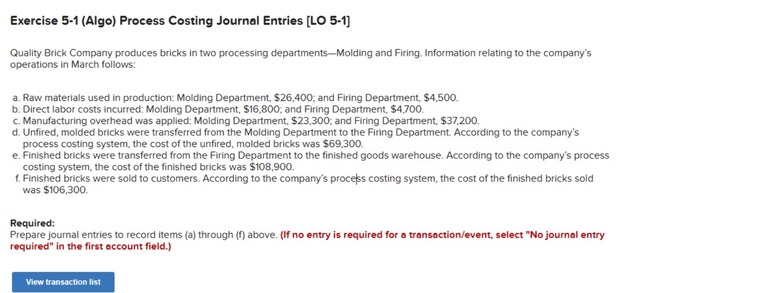 Solved Exercise 5-1 (Algo) ﻿Process Costing Journal Entries | Chegg.com