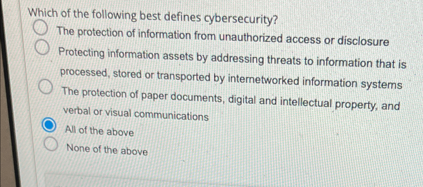 Solved Which of the following best defines cybersecurity?The | Chegg.com