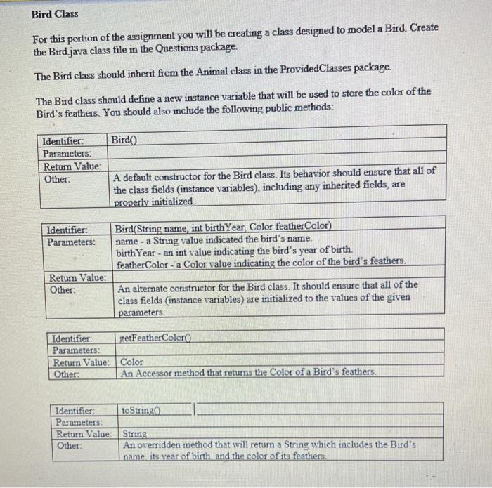 Solved Bird Class For this portion of the assignment you | Chegg.com