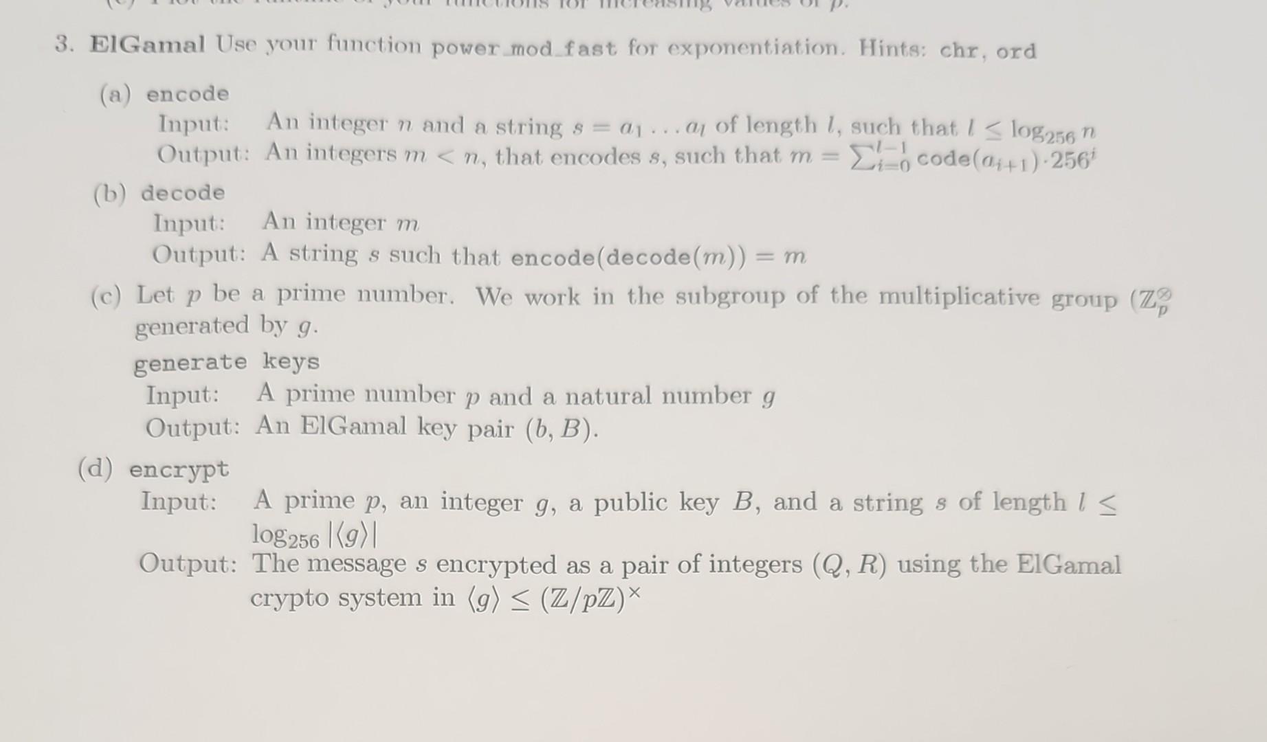 3. ElGamal Use your function power mod_fast for | Chegg.com