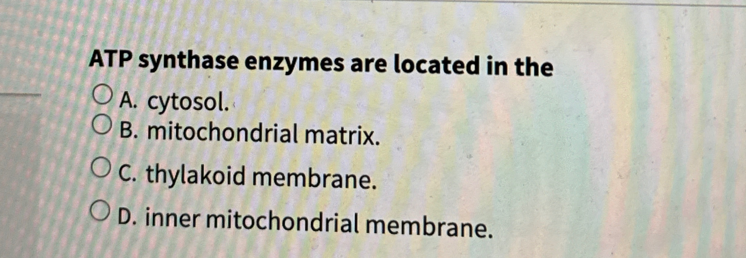 Solved ATP synthase enzymes are located in theA. ﻿cytosol.B. | Chegg.com