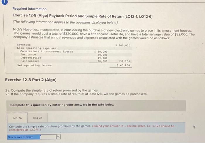 Solved Required information Exercise 12-8 (Algo) Payback | Chegg.com