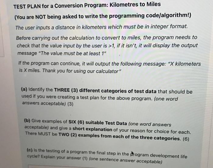 Solved Test Plan For A Conversion Program Kilometres To