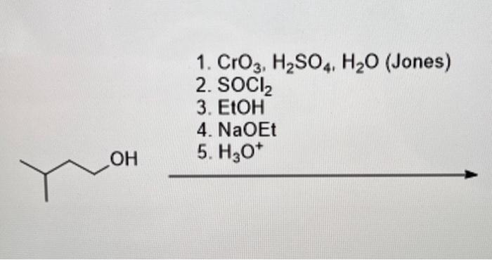 Solved 1. CrO3,H2SO4,H2O (Jones) 2. SOCl2 3. EtOH 4. NaOEt | Chegg.com