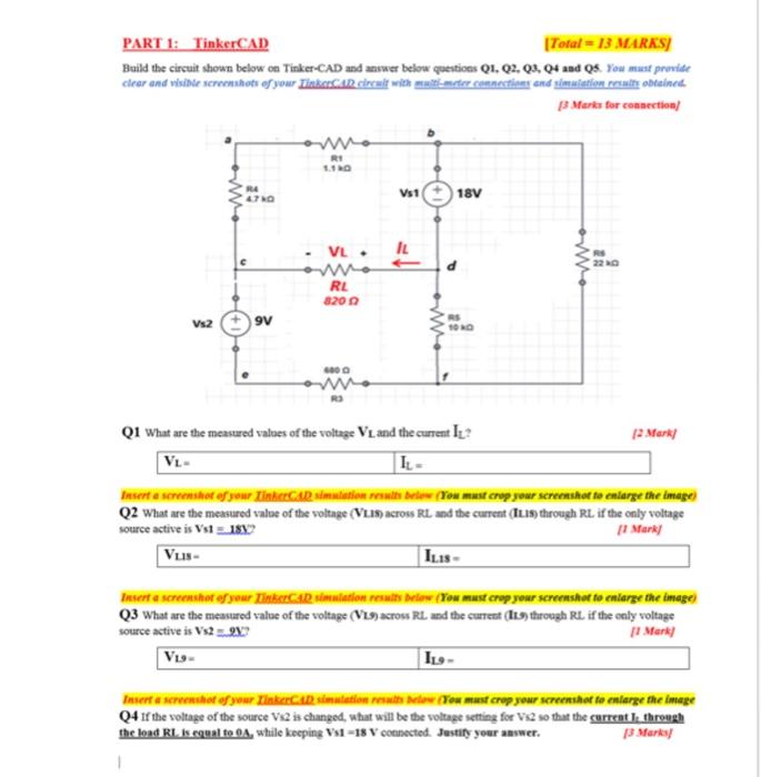 Solved PART 1: TinkerCAD Total = 13 MARES Build the circuit | Chegg.com