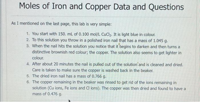 Solved Moles of Iron and Copper Data and Questions As I | Chegg.com