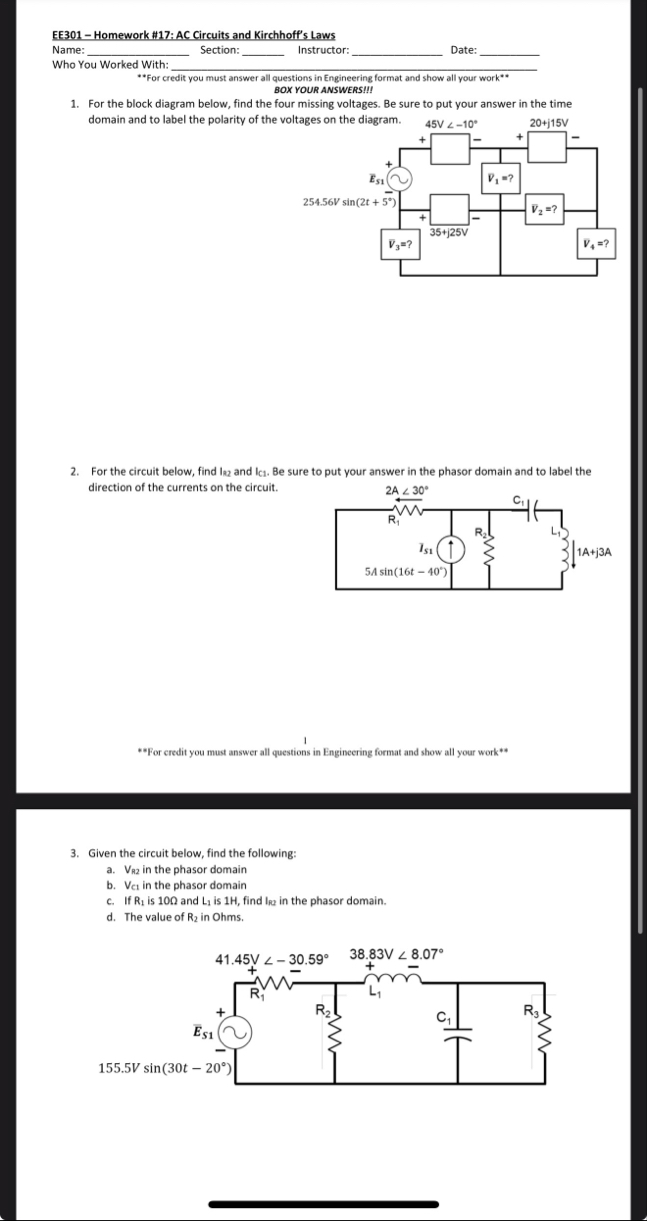 EE301 - ﻿Homework #17: AC Circuits and Kirchhoff's | Chegg.com