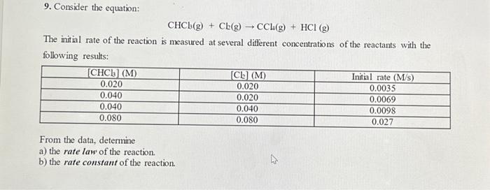 Solved 9. Consider the equation: CHCl(g)+Cl(g)→CCh(g)+HCl(g) | Chegg.com