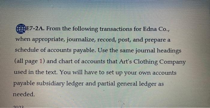 Solved (4) E7-2A. From the following transactions for Edna | Chegg.com