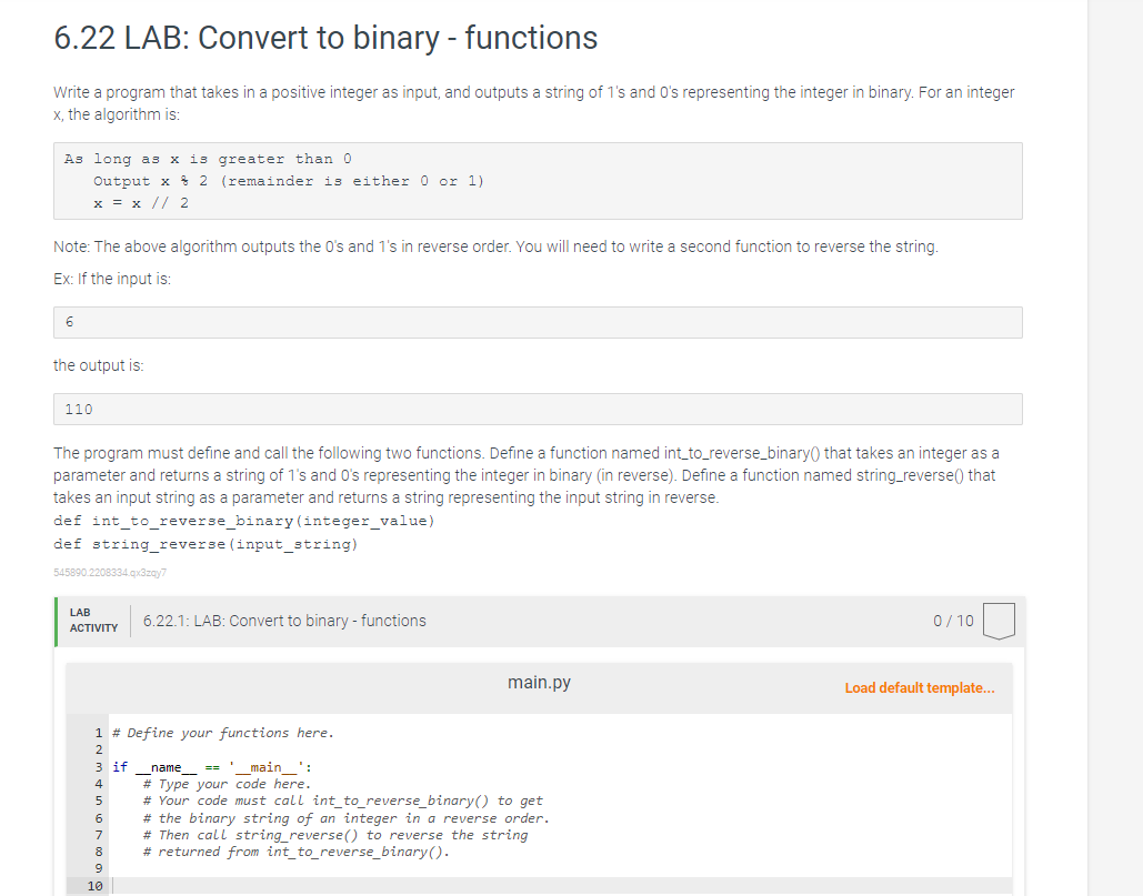 6.22 ﻿LAB: Convert to binary - ﻿functionsWrite a | Chegg.com