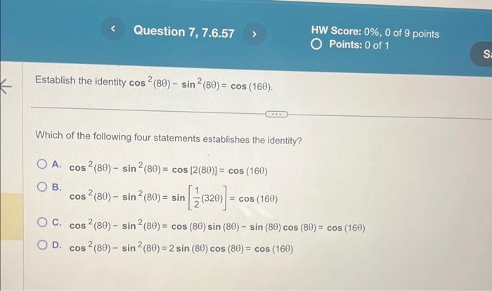 Solved Establish the identity cos2(8θ)−sin2(8θ)=cos(16θ). | Chegg.com