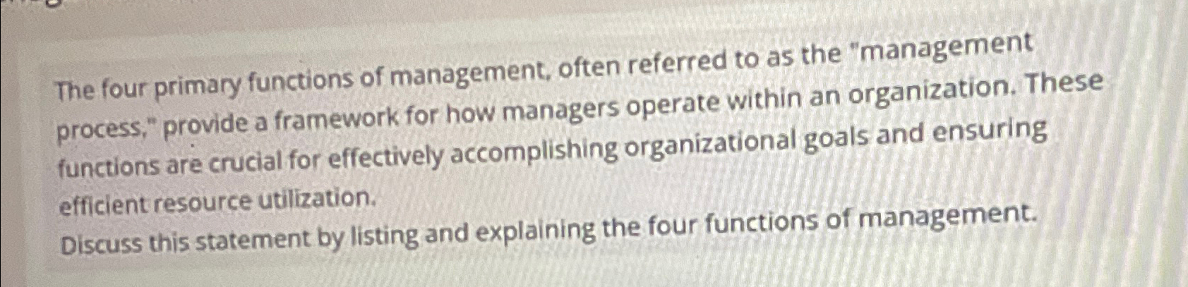 Solved The four primary functions of management, often | Chegg.com