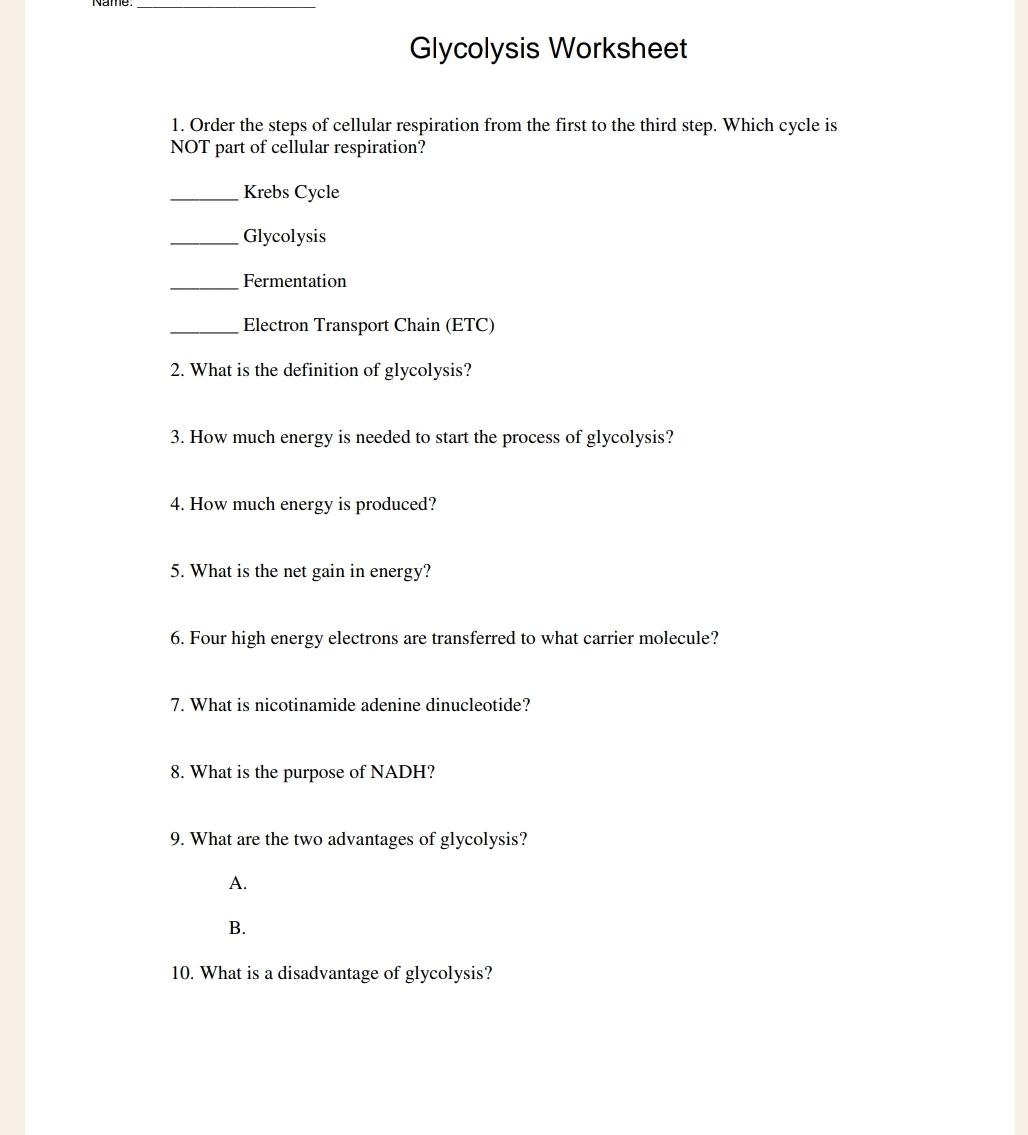 Solved Glycolysis WorksheetOrder the steps of cellular | Chegg.com