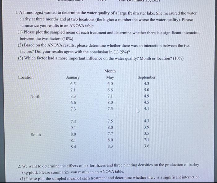 Solved 1. A limnologist wanted to determine the water | Chegg.com