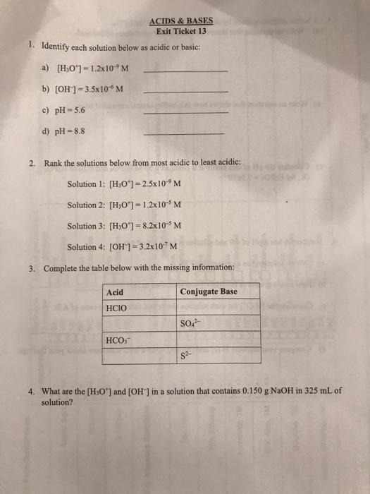Solved ACIDS & BASES Exit Ticket 13 1. Identify each | Chegg.com