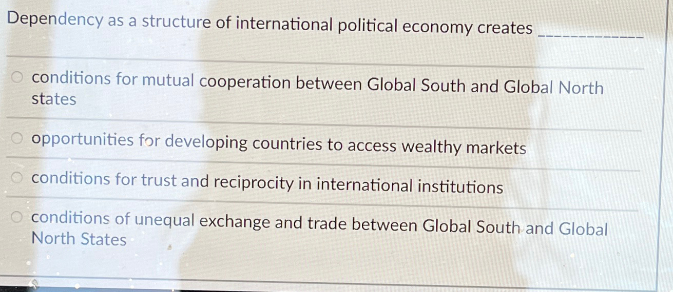 Solved Dependency as a structure of international political | Chegg.com