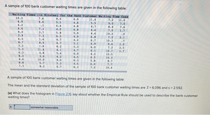 Solved A sample of 100 bank customer waiting times are given | Chegg.com