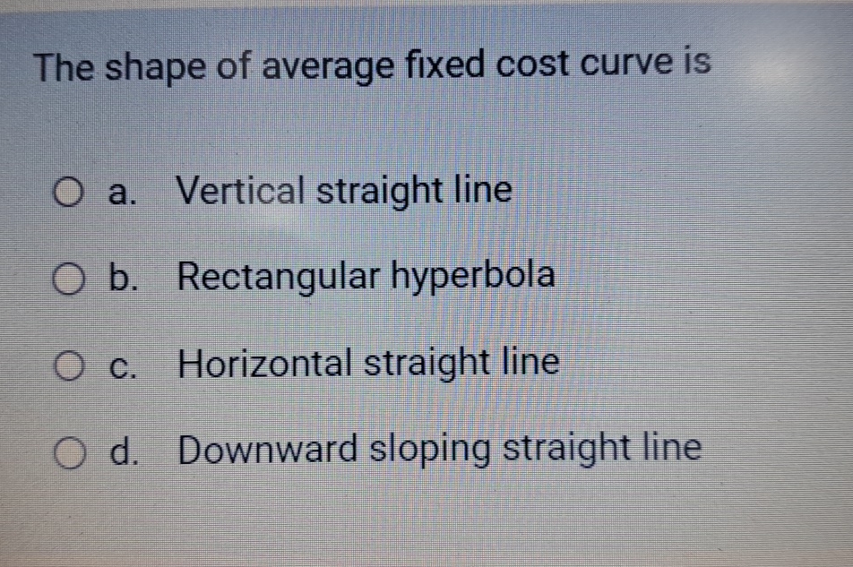 Solved The shape of average fixed cost curve isa. ﻿Vertical | Chegg.com