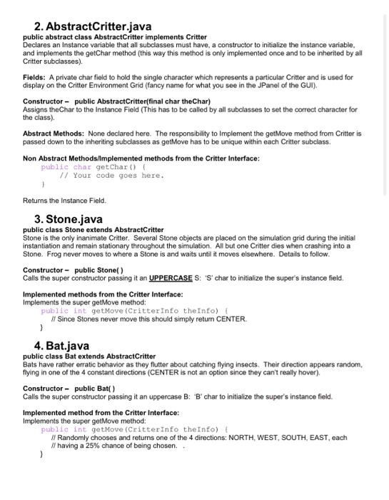 Solved 2. AbstractCritter.java public abstract class | Chegg.com