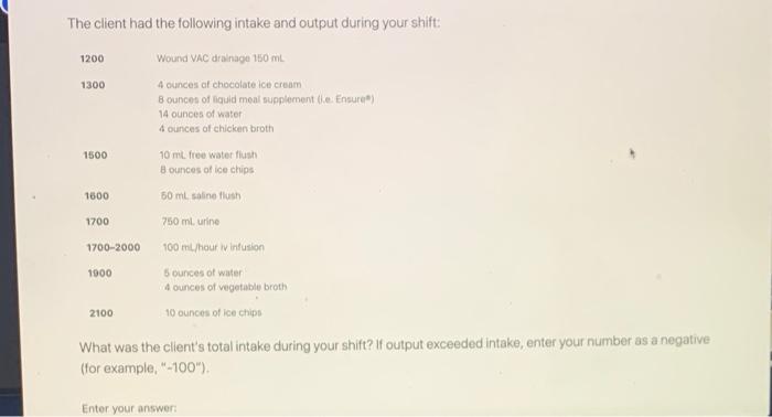 Solved The client had the following intake and output during | Chegg.com