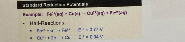 Solved Standard Reduction Potentials . Example: Fe3+ (aq) + | Chegg.com